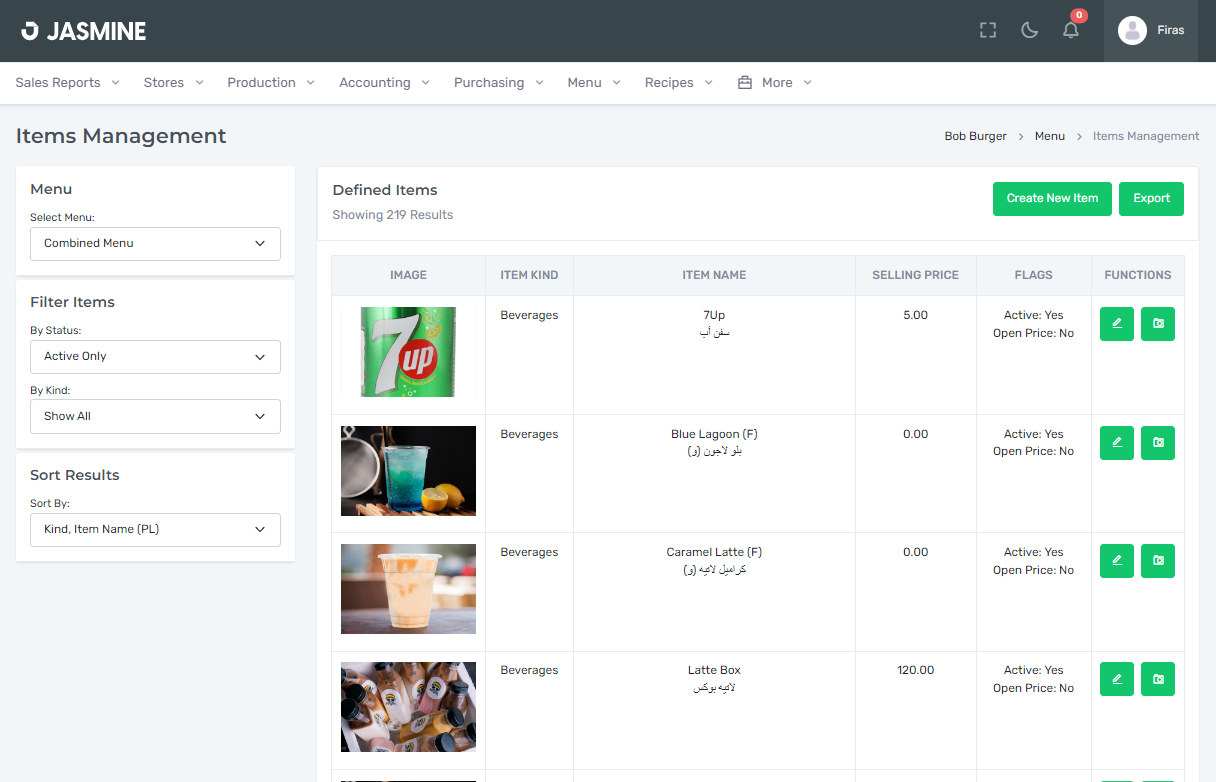 Jasmine RMS - Menu Management