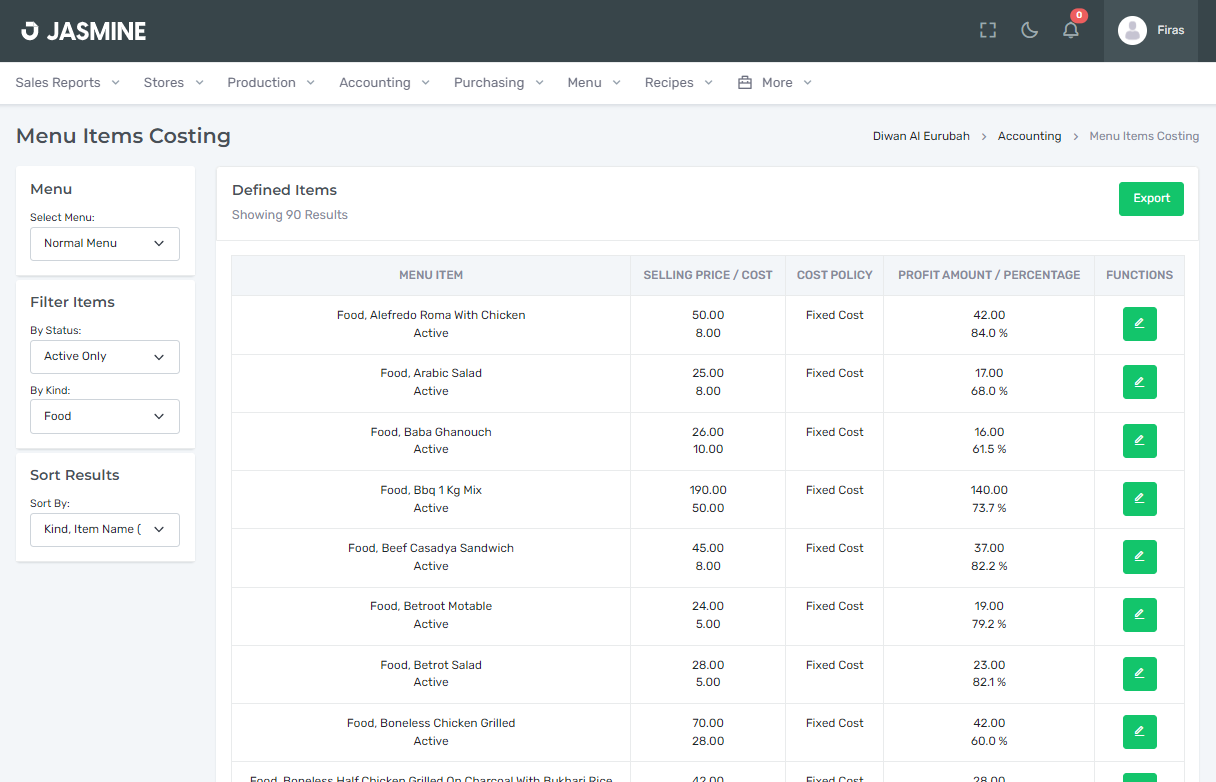 Jasmine RMS - Menu Management