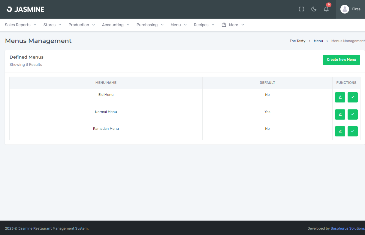 Jasmine RMS - Menu Management